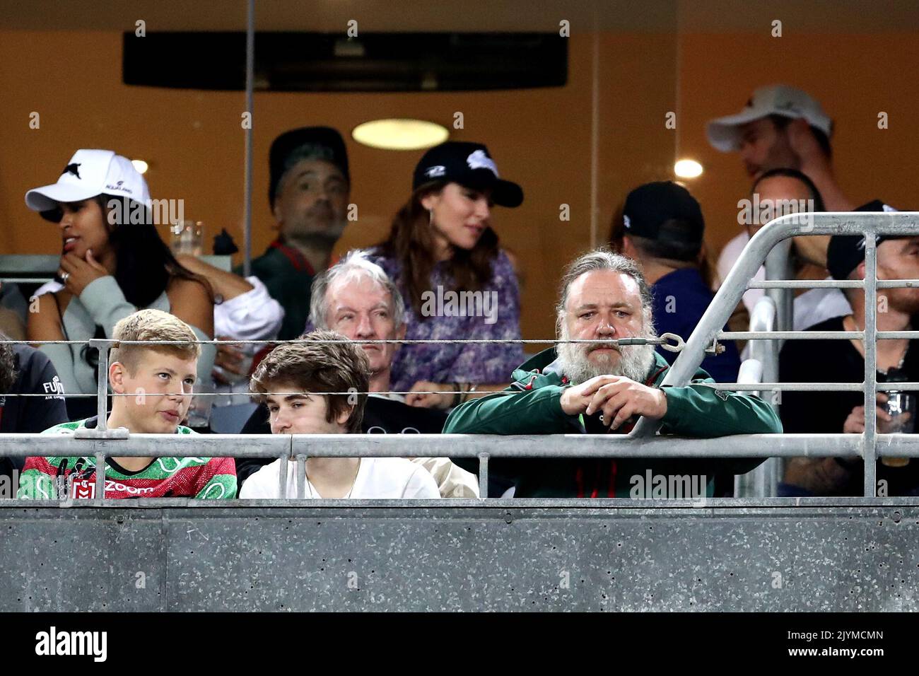 Actor Russell Crowe looks on from the stands during the Round 3 NRL ...