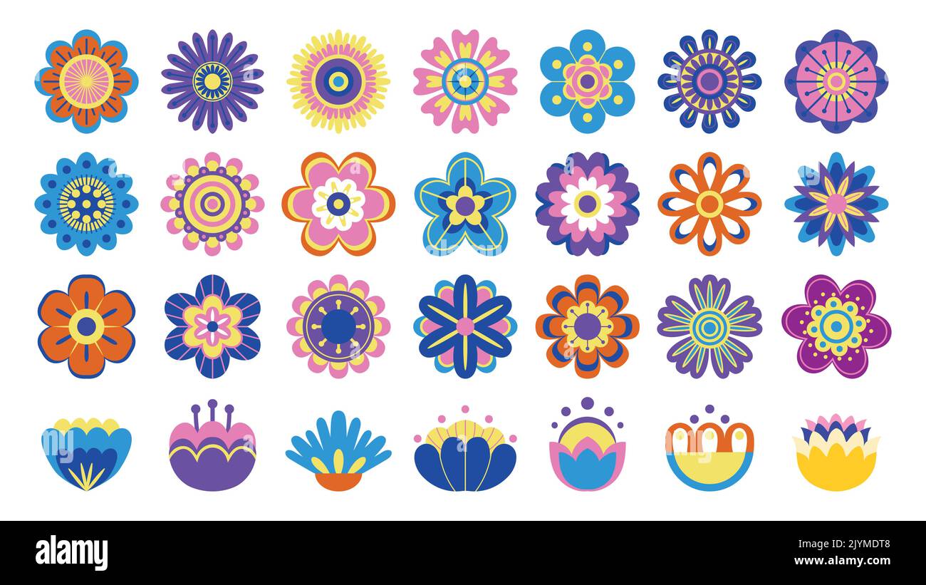 Colorful flower pictograms. Cute cartoon floral symbols, top view of ...