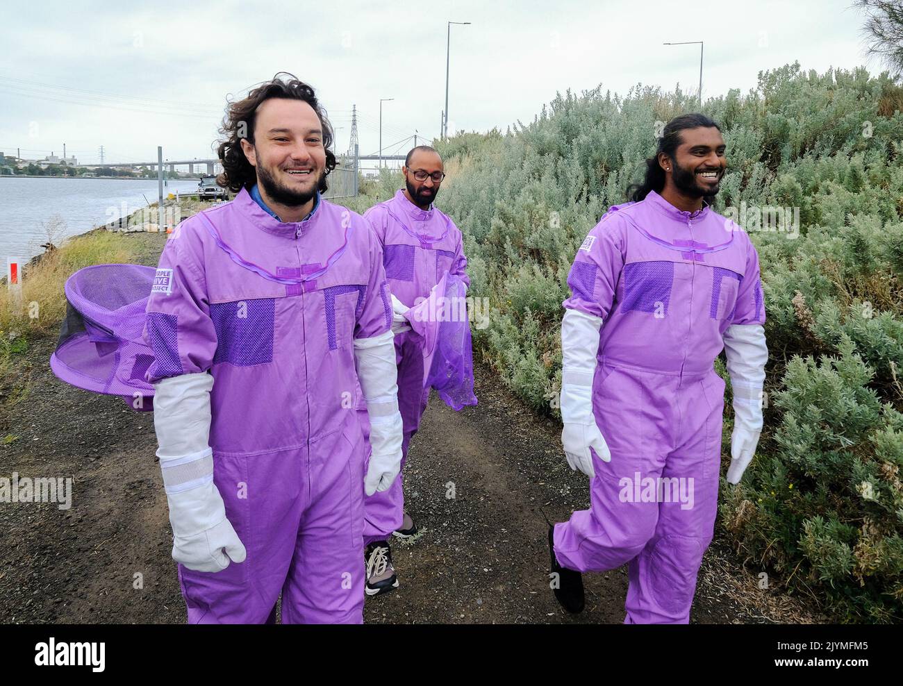 Members of the Purple Hive Project carry their new beehive in Port ...