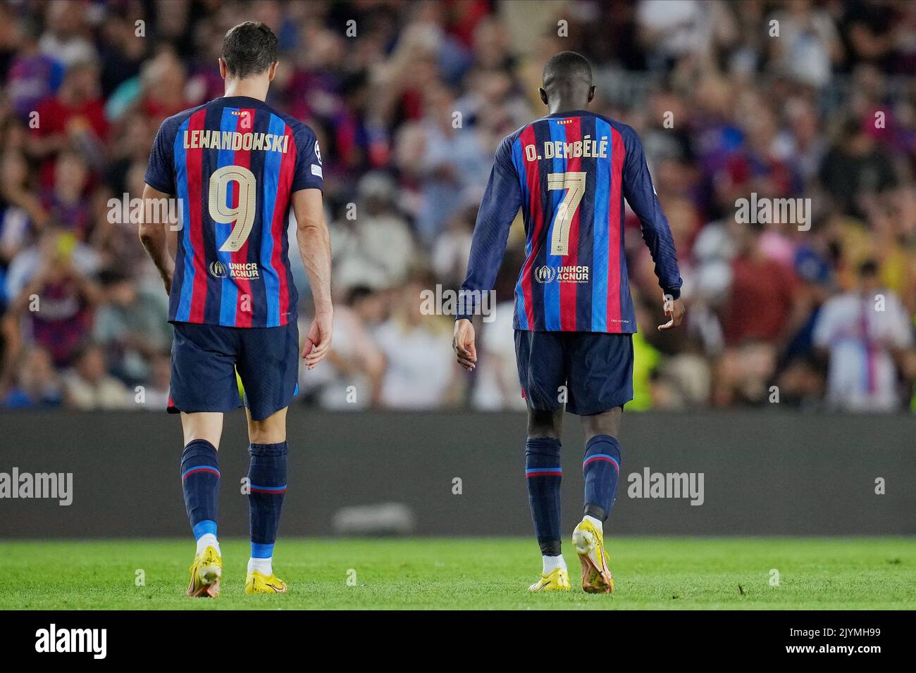 Robert Lewandowski and Ousmane Dembele of FC Barcelona during the UEFA ...