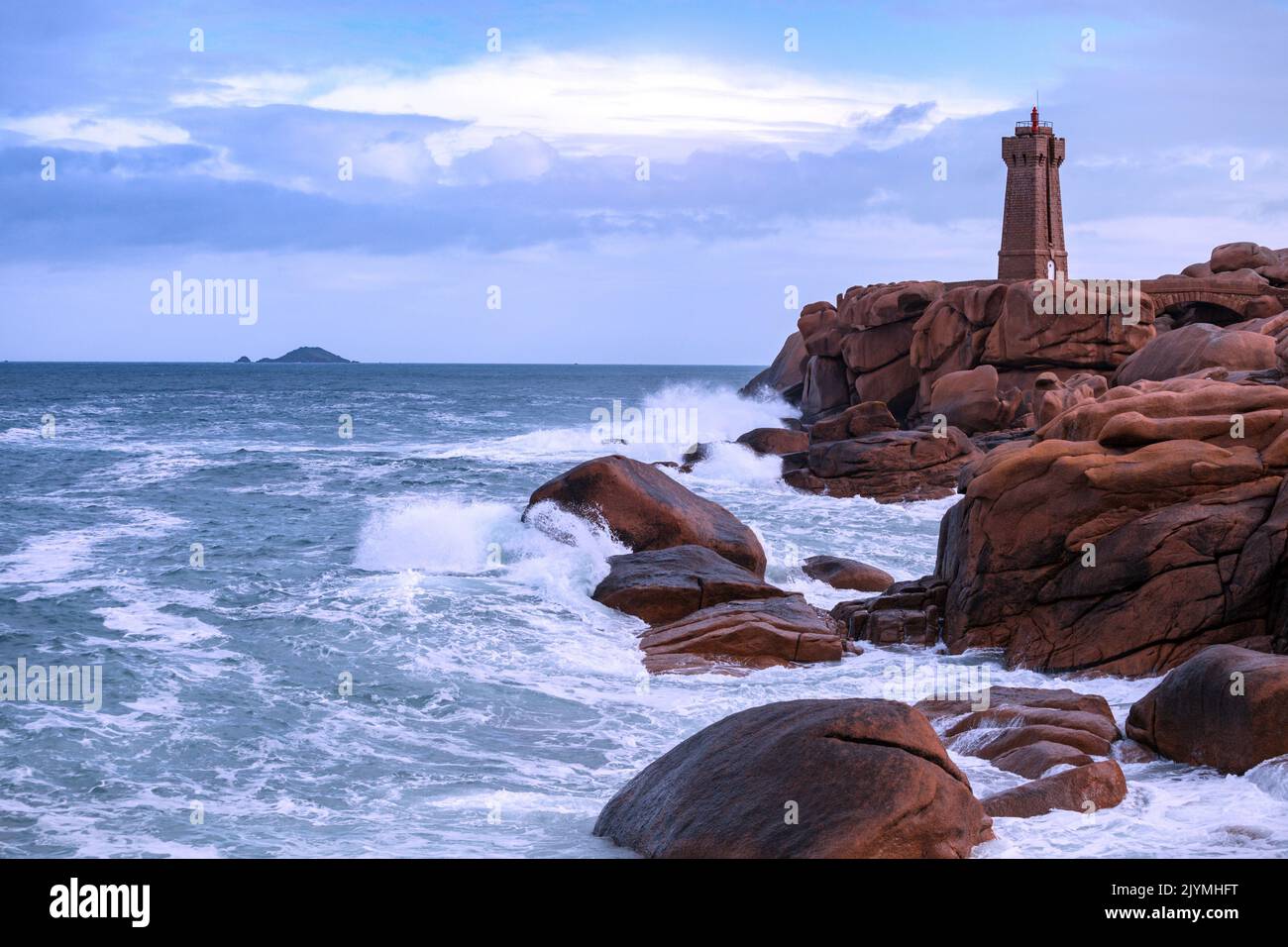 lighthouse Phare de Men Ruz and typical Brittany coast at the Tregastel ...