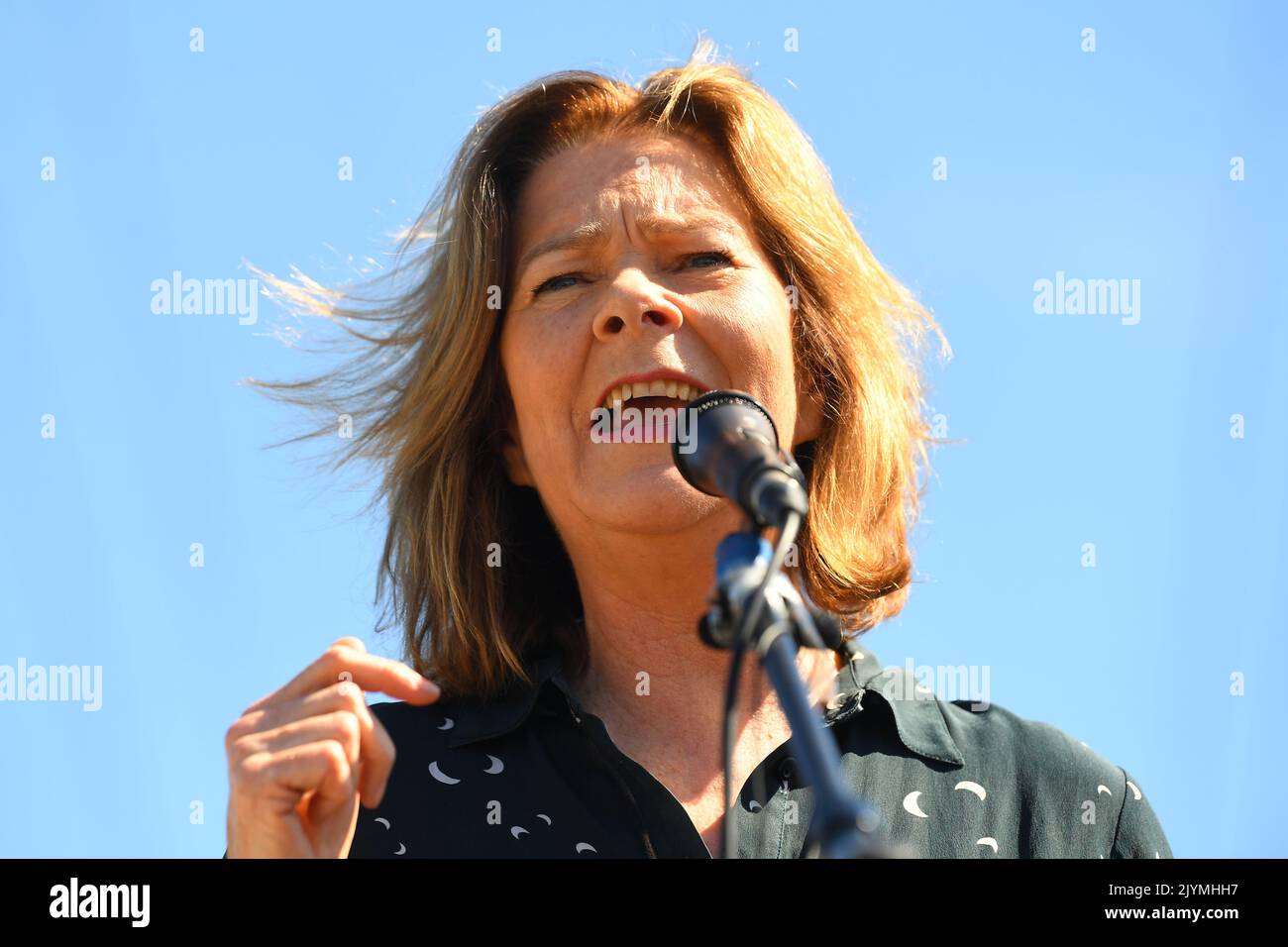 ACTU President Michele O’Neil speaks during a visit to workers taking ...