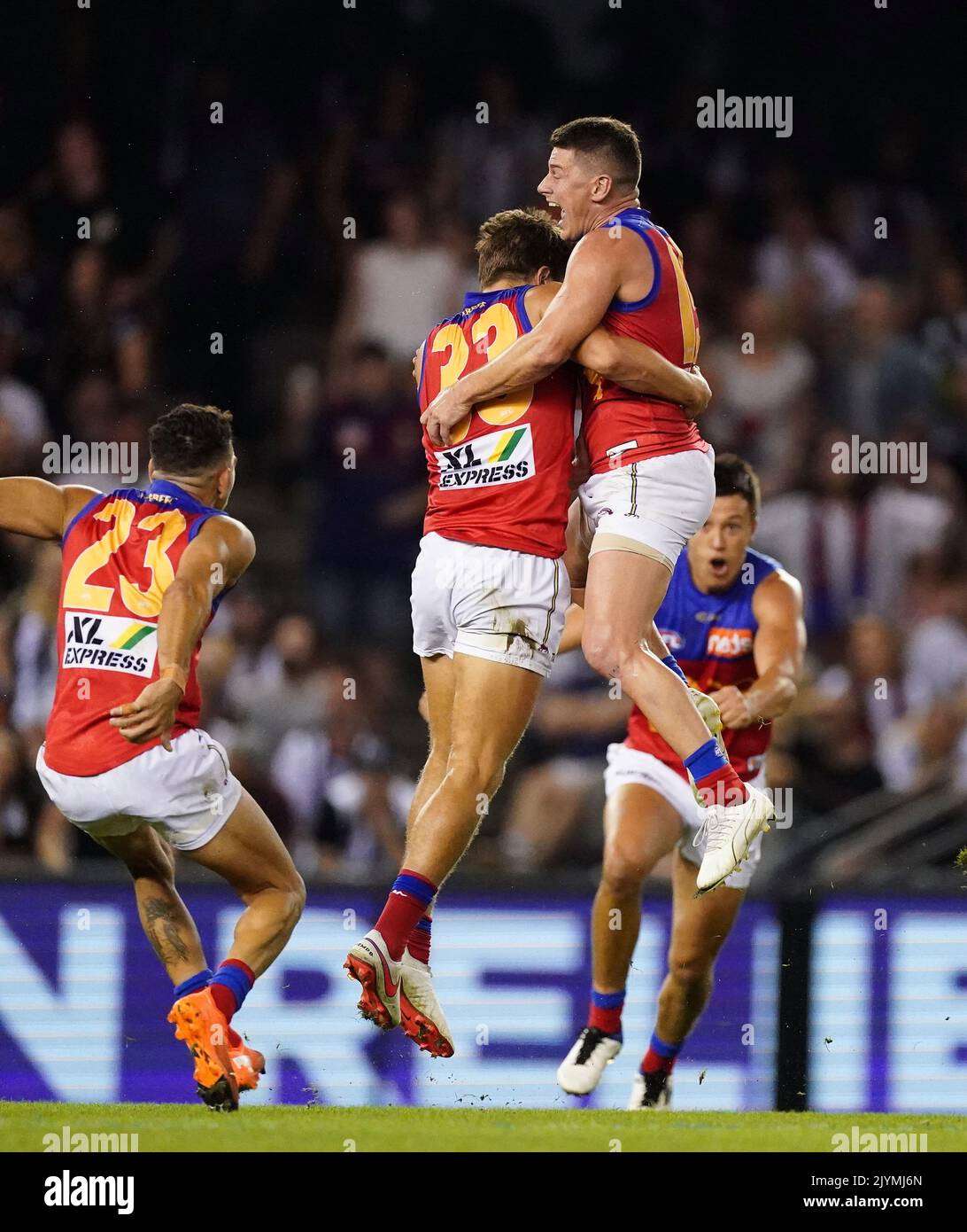 Zac Bailey of the Lions celebrates after kicking the match winning goal ...