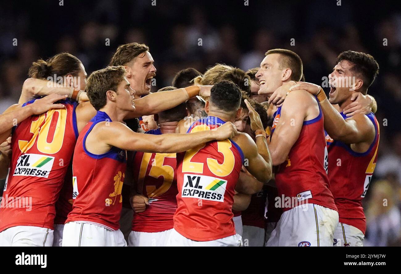Zac Bailey of the Lions celebrates after kicking the match winning goal ...