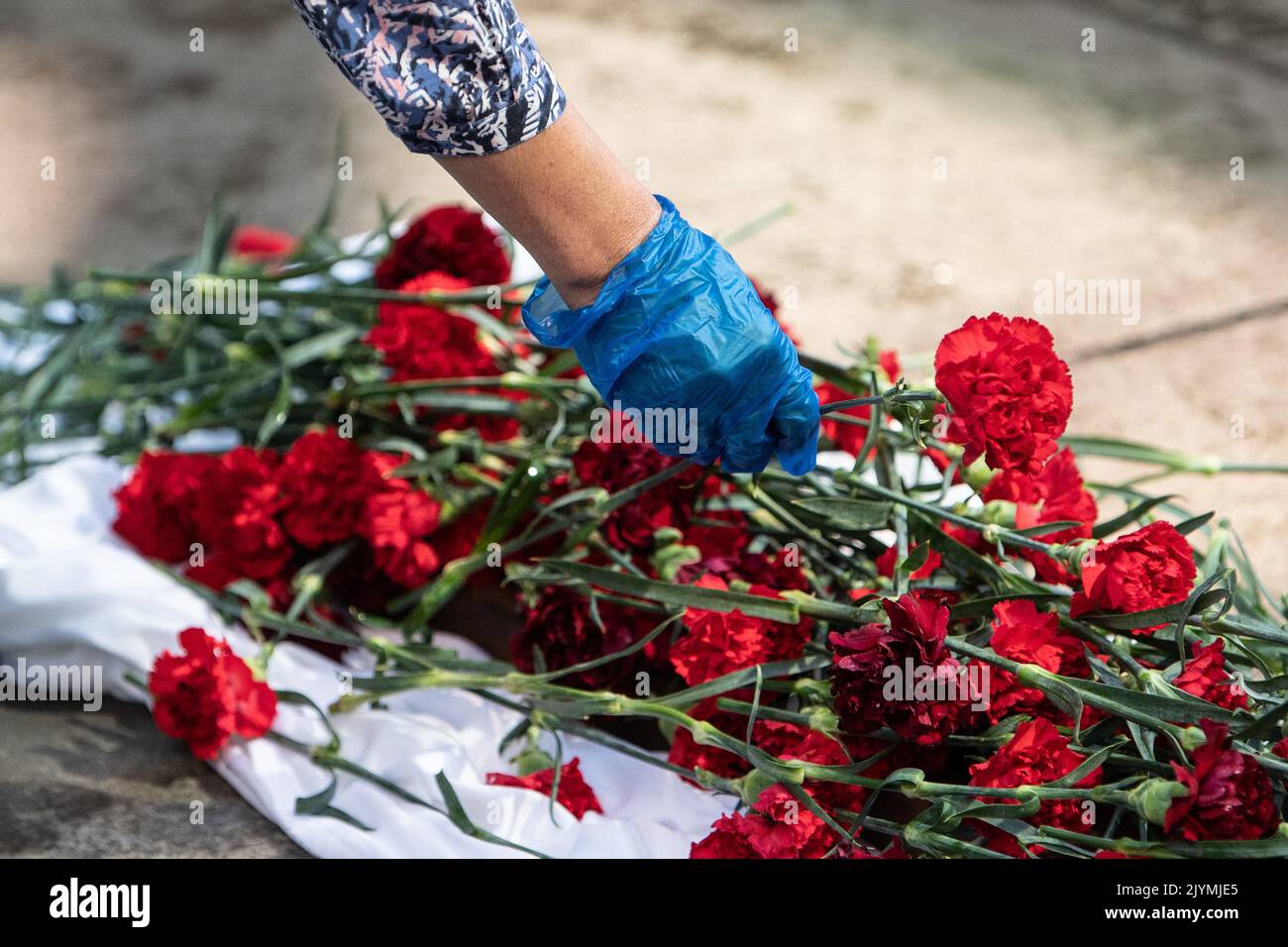 A worshipper places a carnation flower on a cross during a Good Friday ...