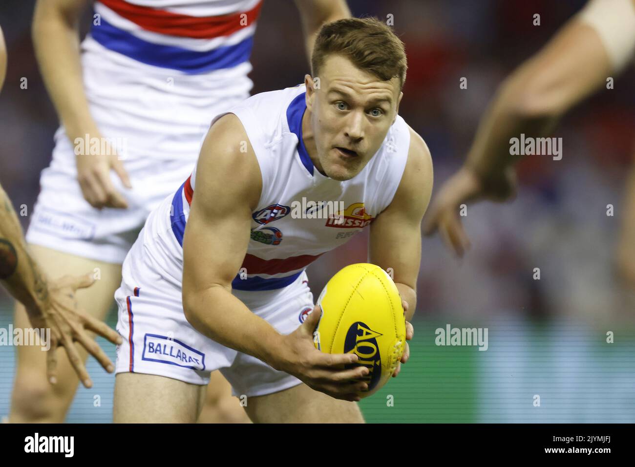 Jack Macrae of the Bulldogs in action during the Round 3 AFL match ...