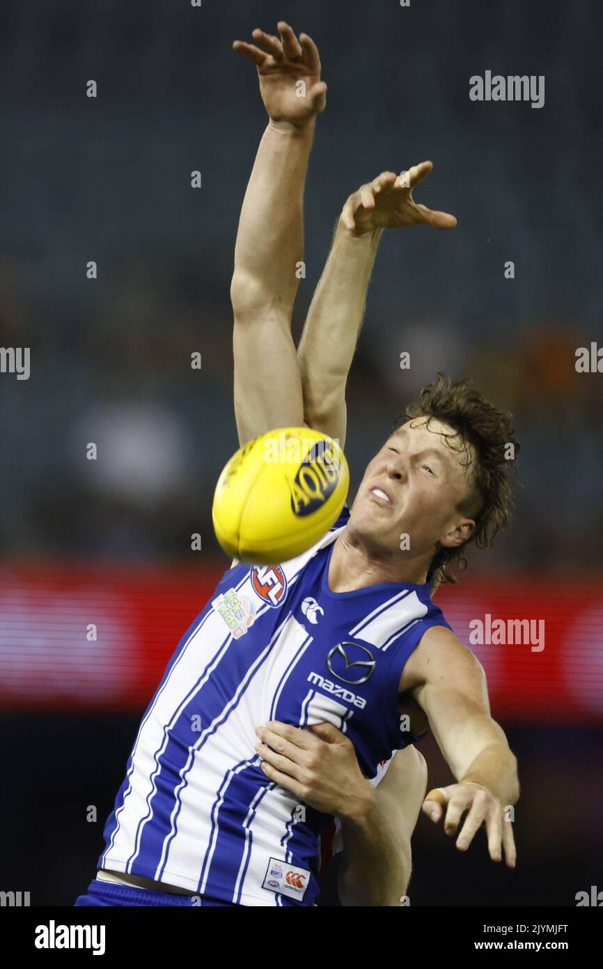 Nick Larkey of the Kangaroos contests the ruck during the Round 3 AFL ...