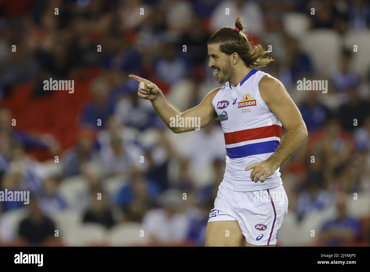 Josh Bruce of the Bulldogs celebrates a goal during the Round 3 AFL ...