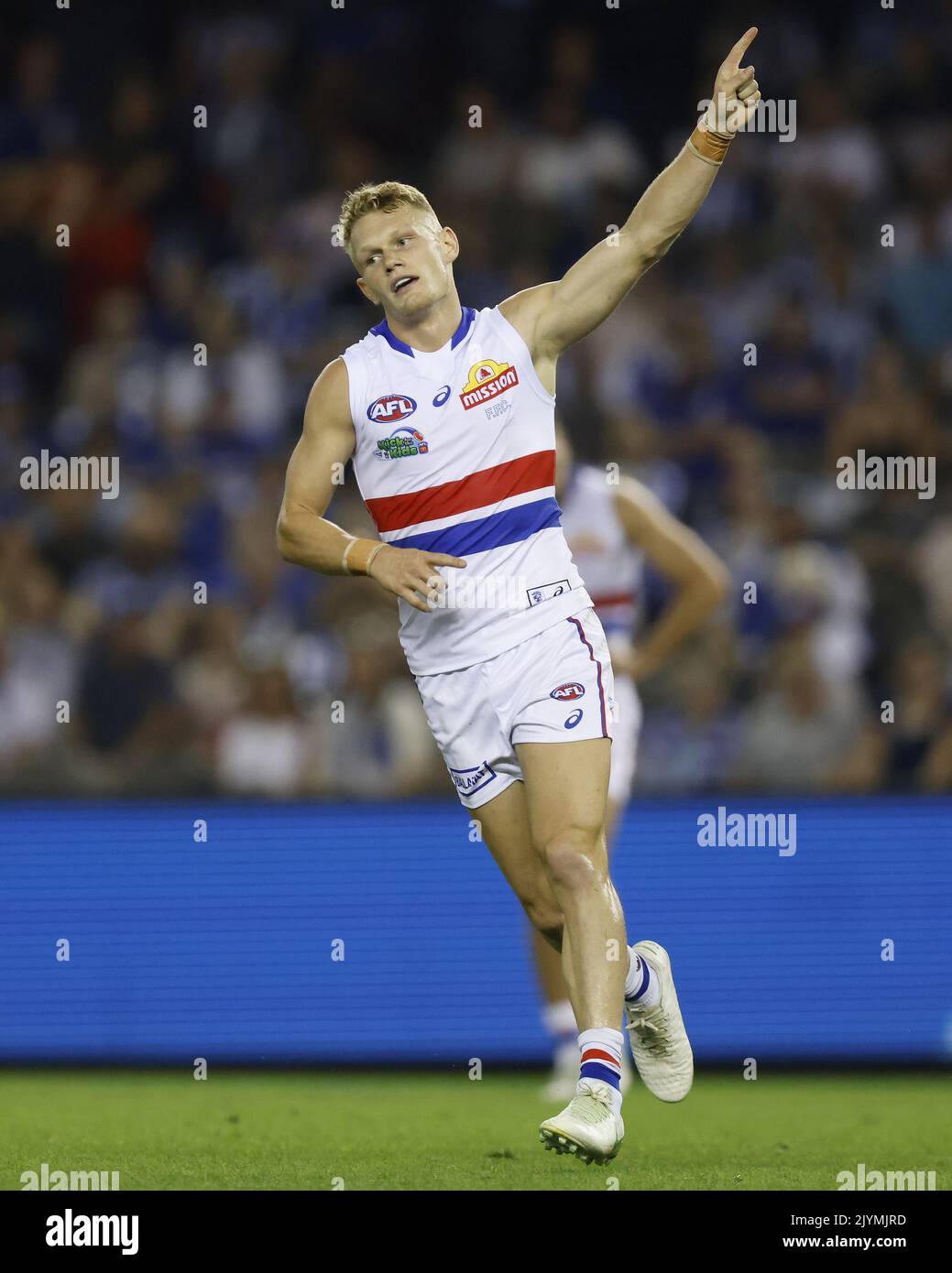 Adam Treloar of the Bulldogs celebrates a goal during the Round 3 AFL ...