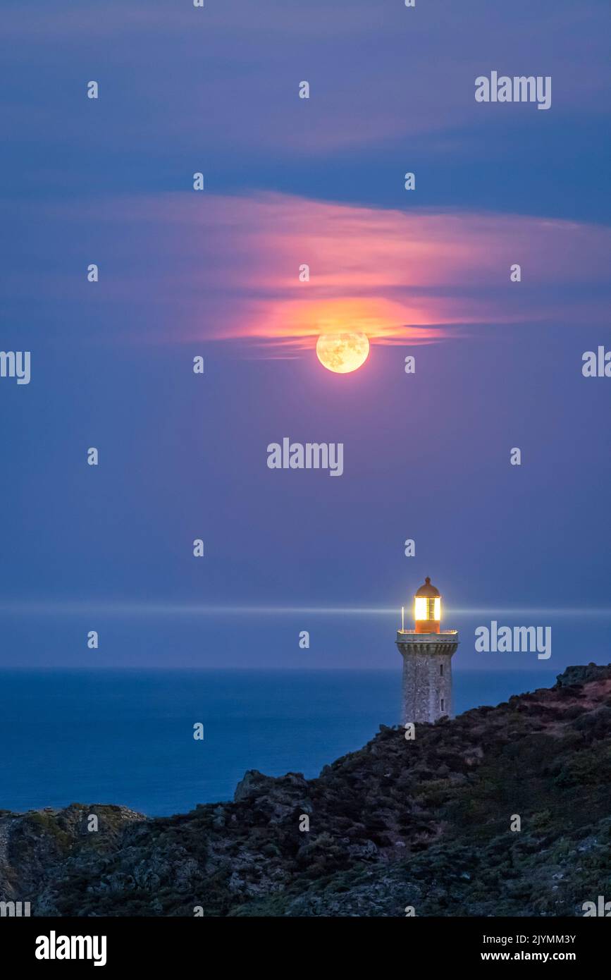 Full moon over the Bear lighthouse, Pyrenees-Orientales, Cap Bear and ...