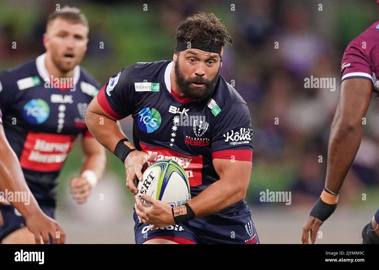 James Hanson of the Rebels runs with the ball during the Round 7 Super ...