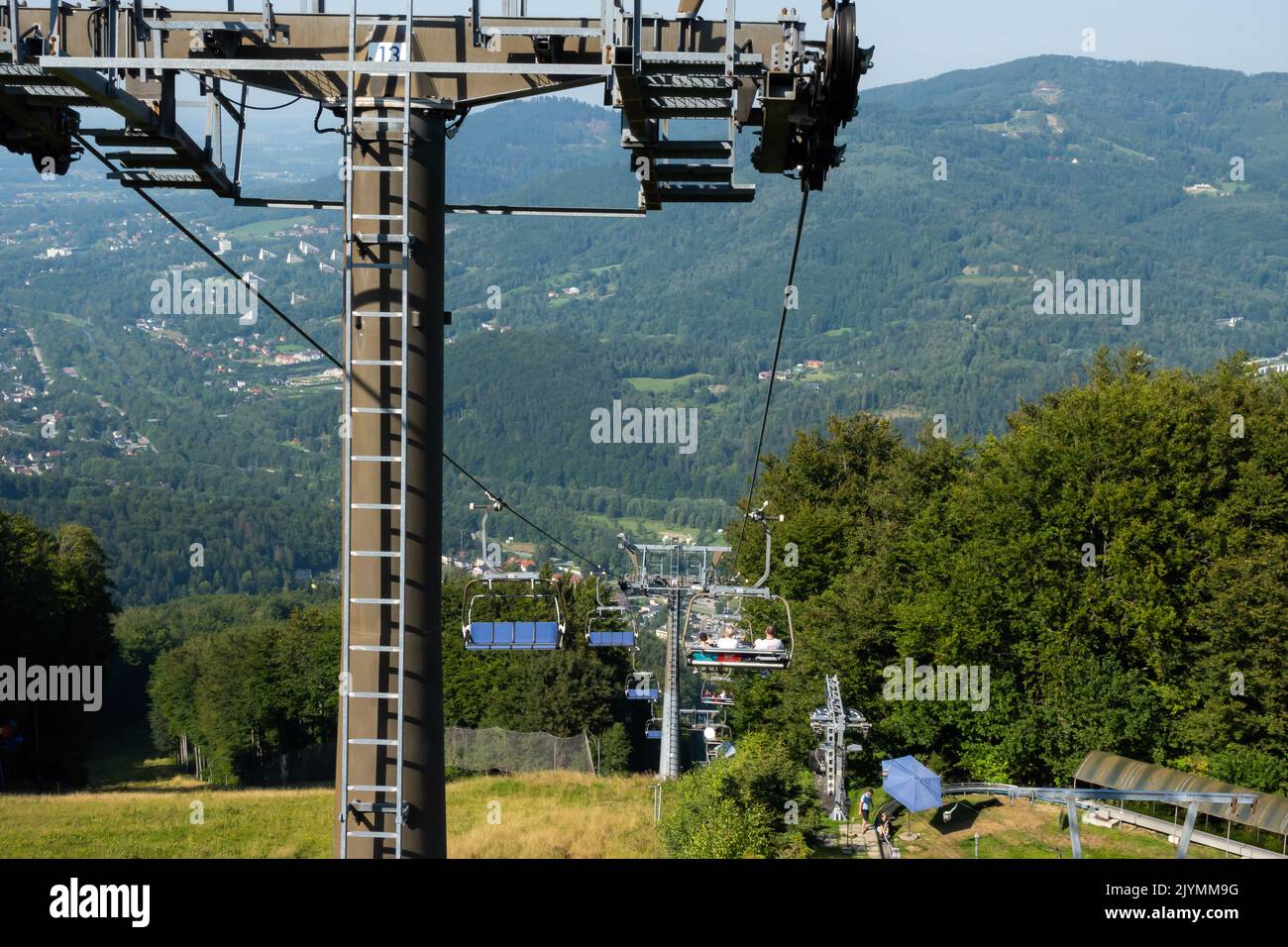 Mountain chairlift of the cable car. A close-up of the mechanisms on ...