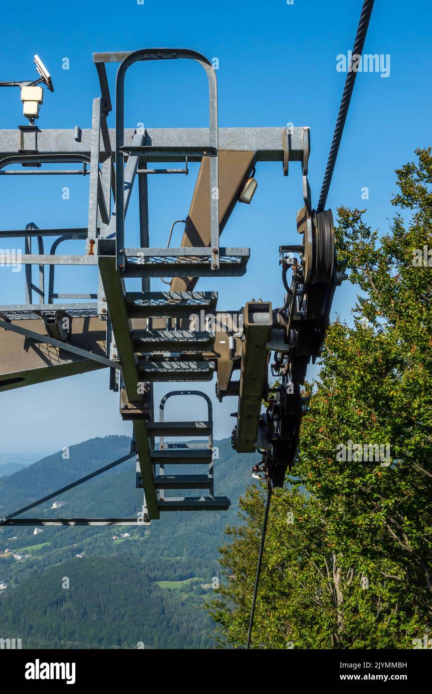 Mountain chairlift of the cable car. A close-up of the mechanisms on ...