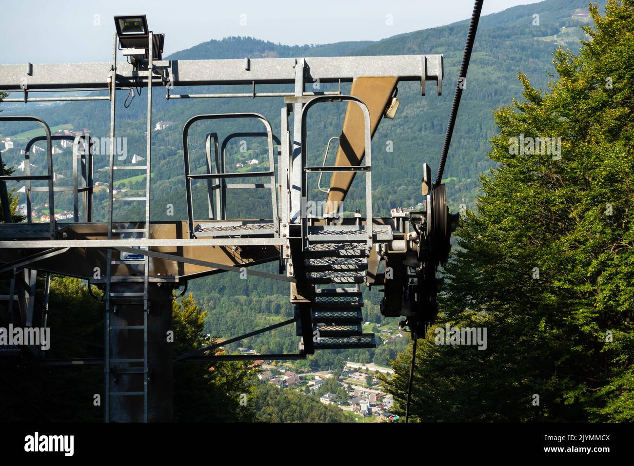 Mountain chairlift of the cable car. A close-up of the mechanisms on ...