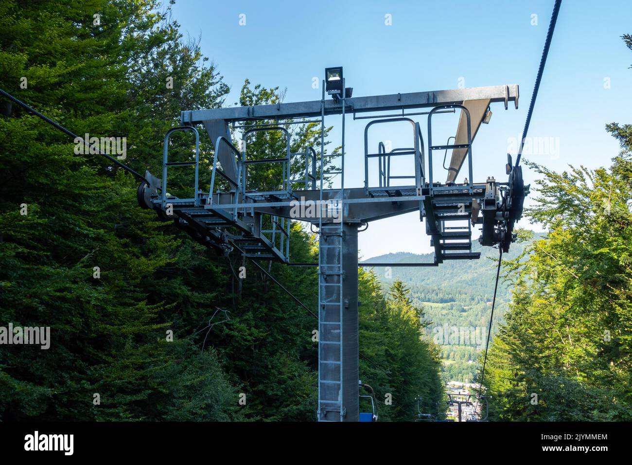 Mountain chairlift of the cable car. A close-up of the mechanisms on ...