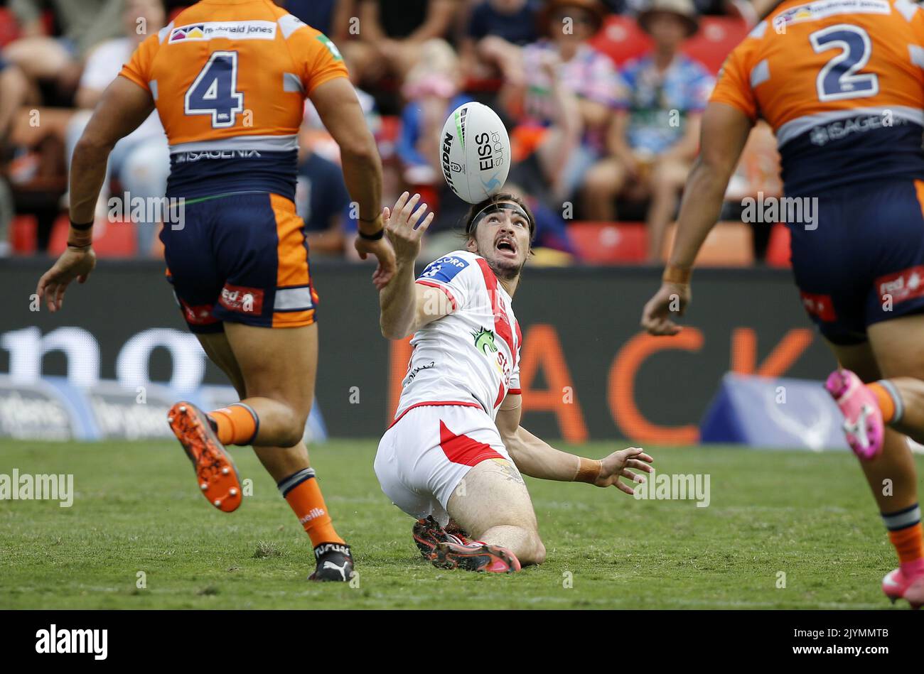 Cody Ramsey fumbles a high kick during the Round 4 NRL match between ...