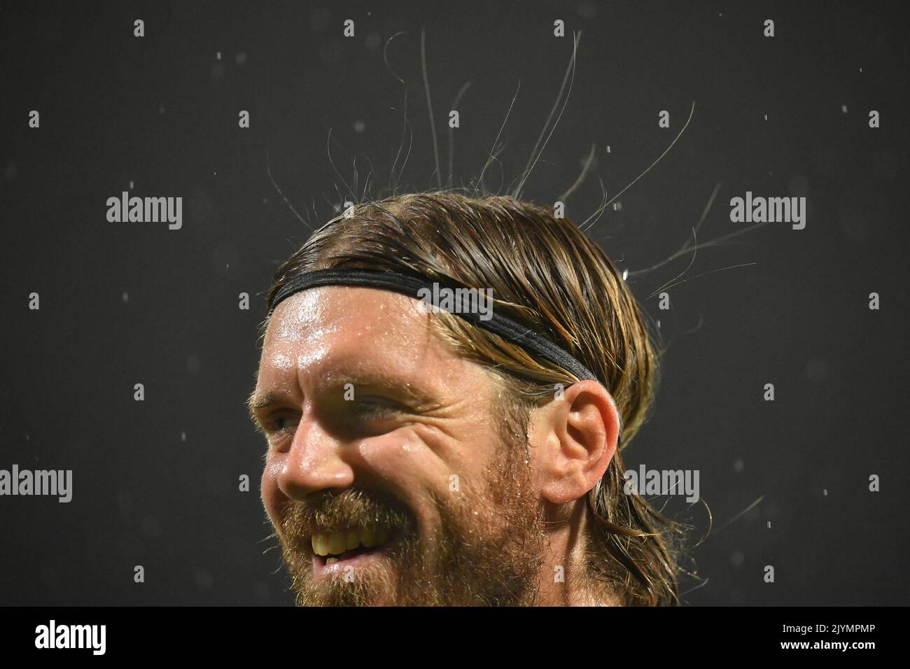 Luke Brattan of Sydney FC’ hair stands up during warm up thread of the ...