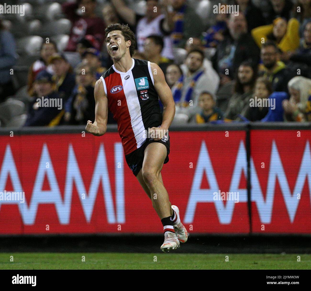 Jack Steele of the Saints celebrates a goal during the Round 4 AFL ...