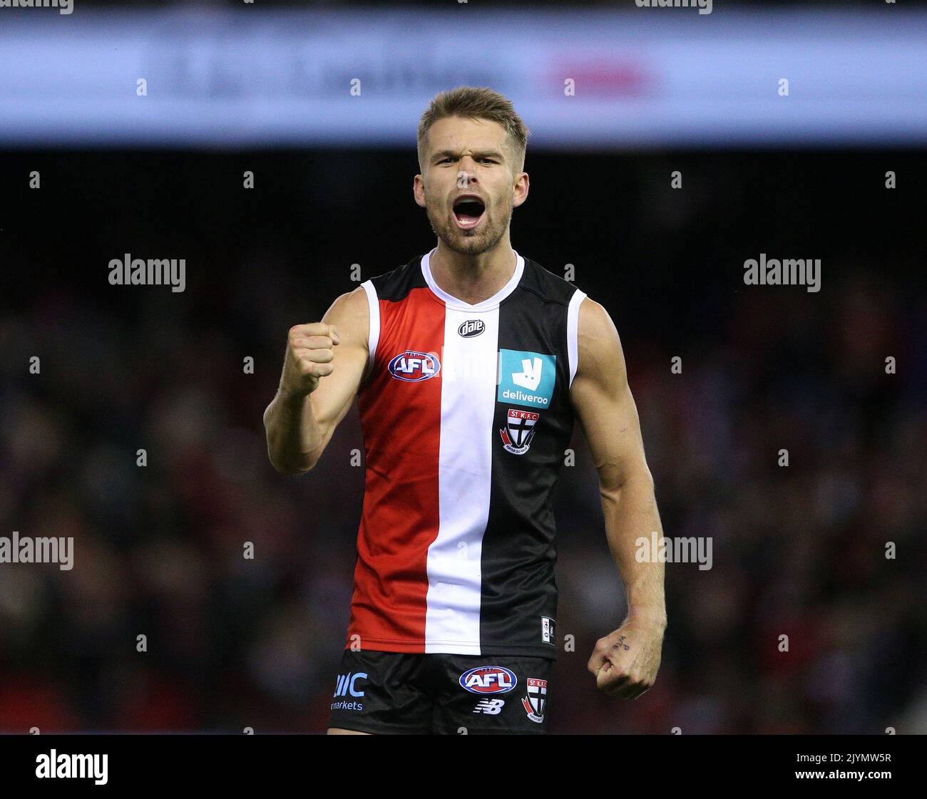 Dan Butler of the Saints celebrates on the final siren during the Round ...