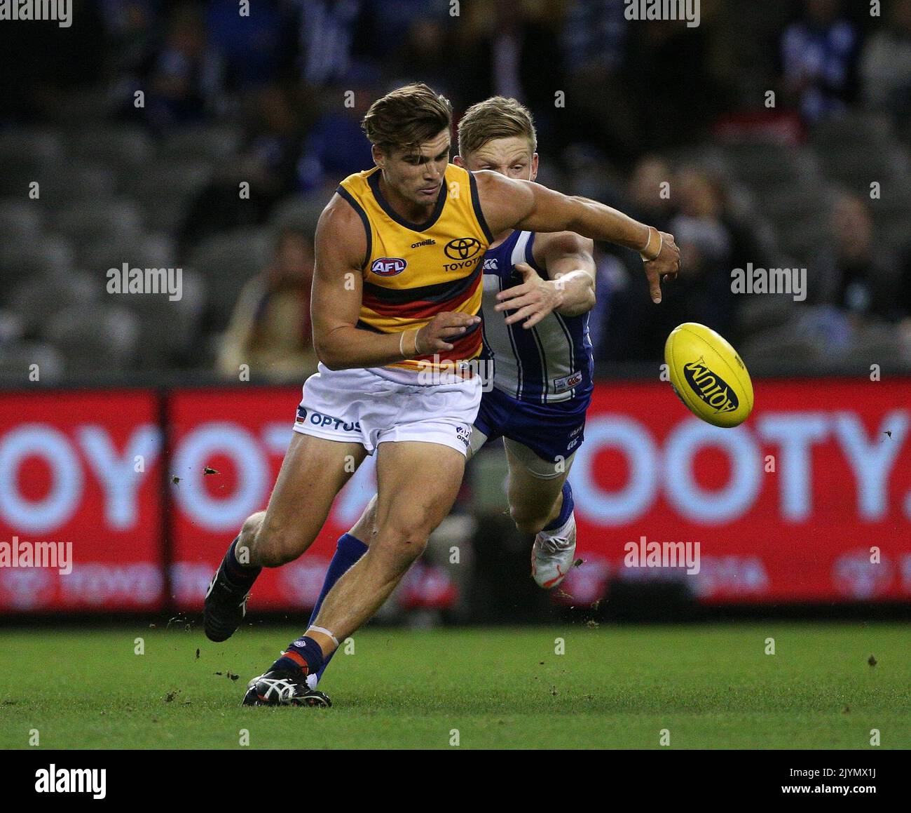 Ben Keays of the Crows under pressure from Jack Ziebell of the ...