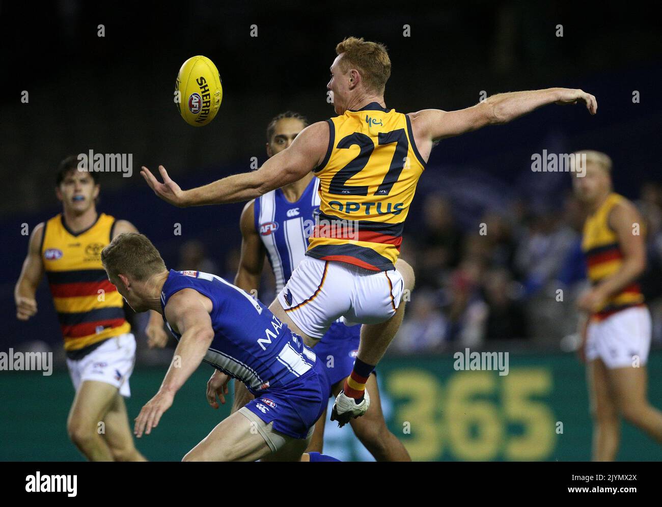 Tom Lynch of the Crows contests with Jack Ziebell of the Kangaroos ...
