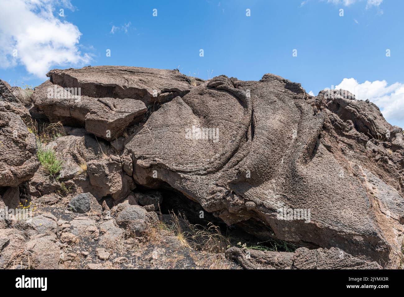 Pahoehoe lava (rope lava) near the Grotta dei Lamponi cave on Mount ...