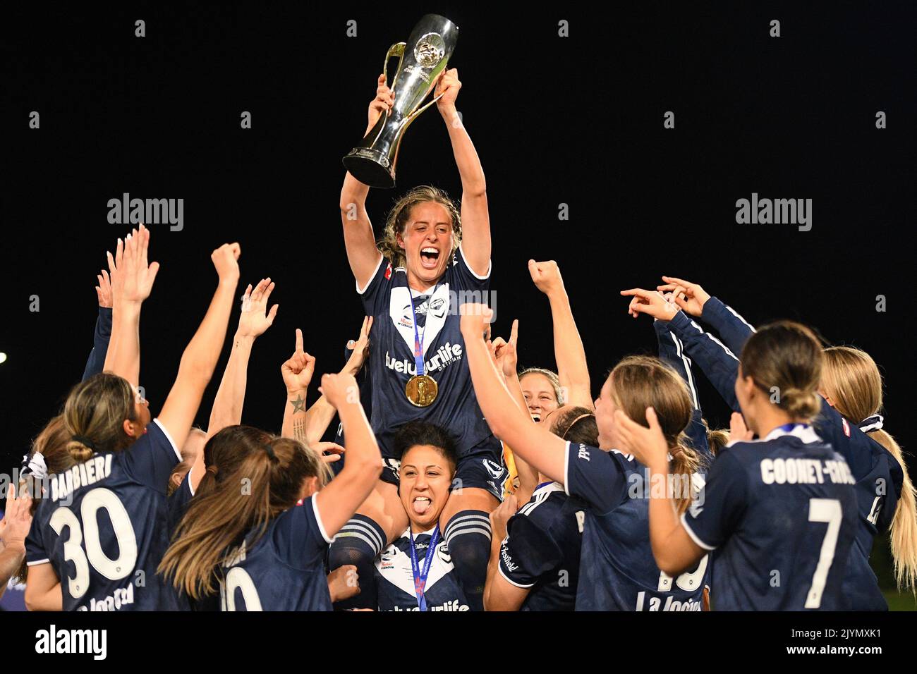 Kayla Morrison celebrates with the W-League Premiership Trophy after ...