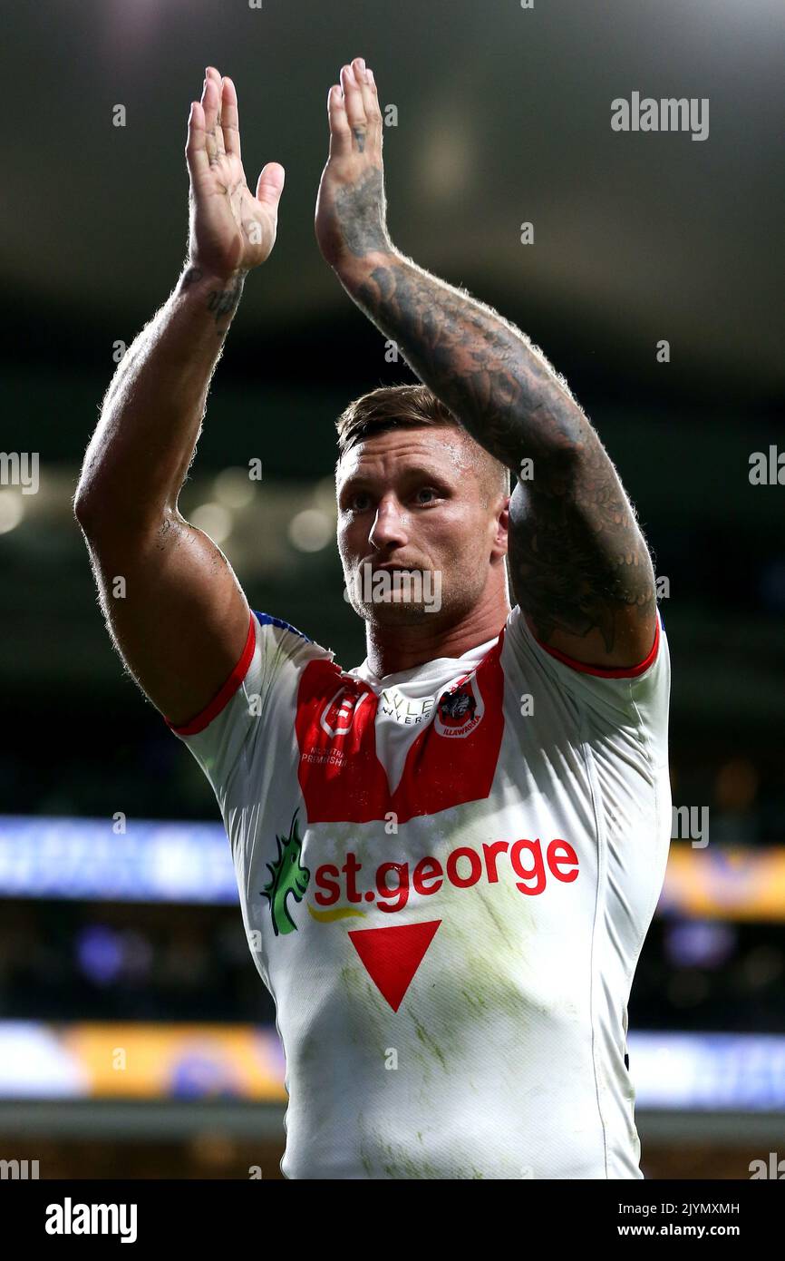 Tariq Sims of the Dragons celebrates at full time during the Round 5 ...