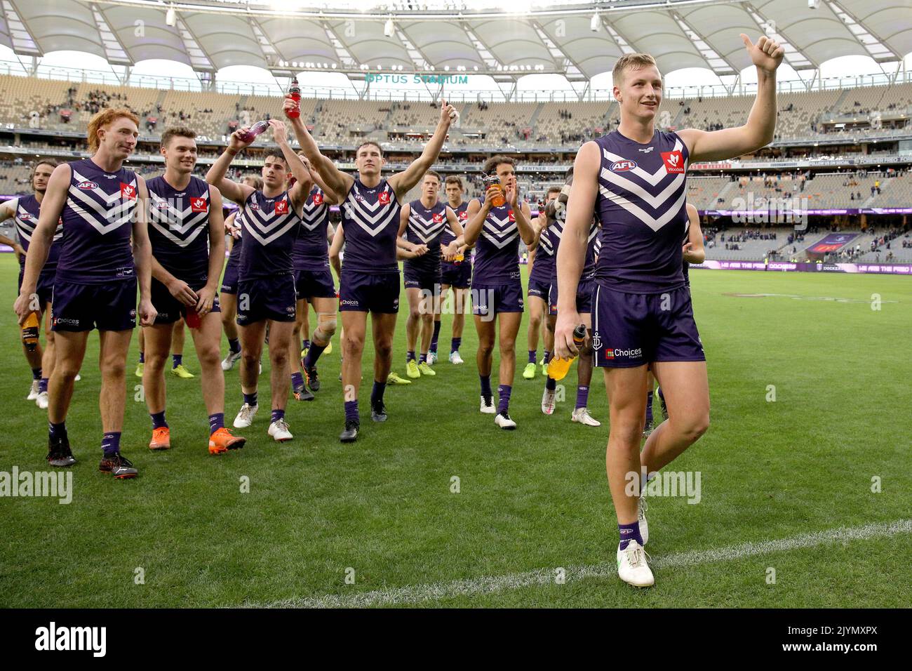 Josh Treacy of the Dockers leaves the field after winning the Round 4 ...