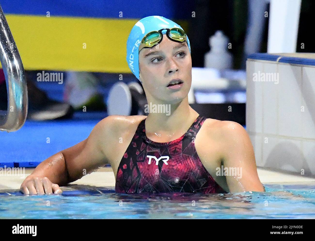 13 year old Hayley Mackinder looks on after her 50m breaststroke heat ...