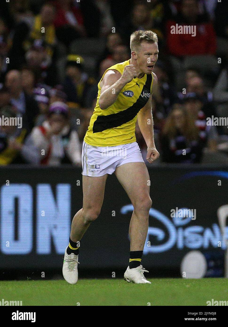 Jack Riewoldt of the Tigers celebrates a goal during the Round 5 AFL ...