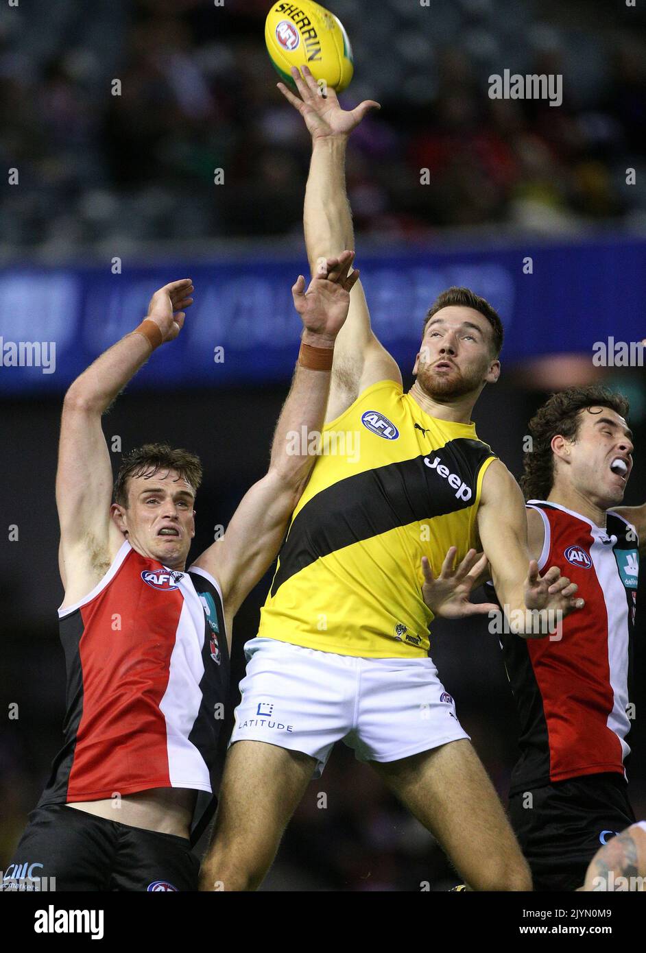 Noah Balta of the Tigers flies for the ball during the Round 5 AFL ...