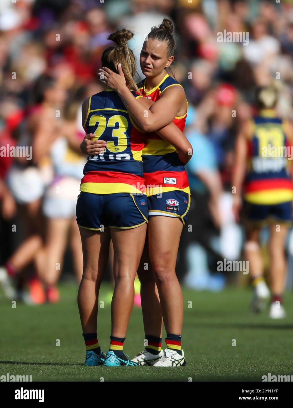 Justine Mules and Danielle Ponter of the Crows are dejected after the ...