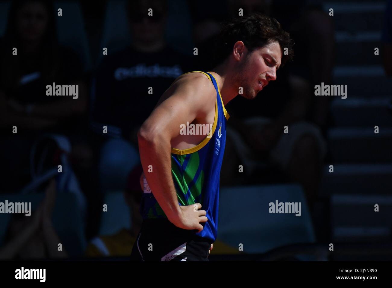 Angus Armstrong in action during the Mens Pole Vault final during the ...