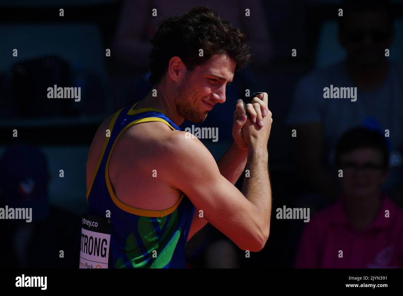 Angus Armstrong in action during the Mens Pole Vault final during the ...