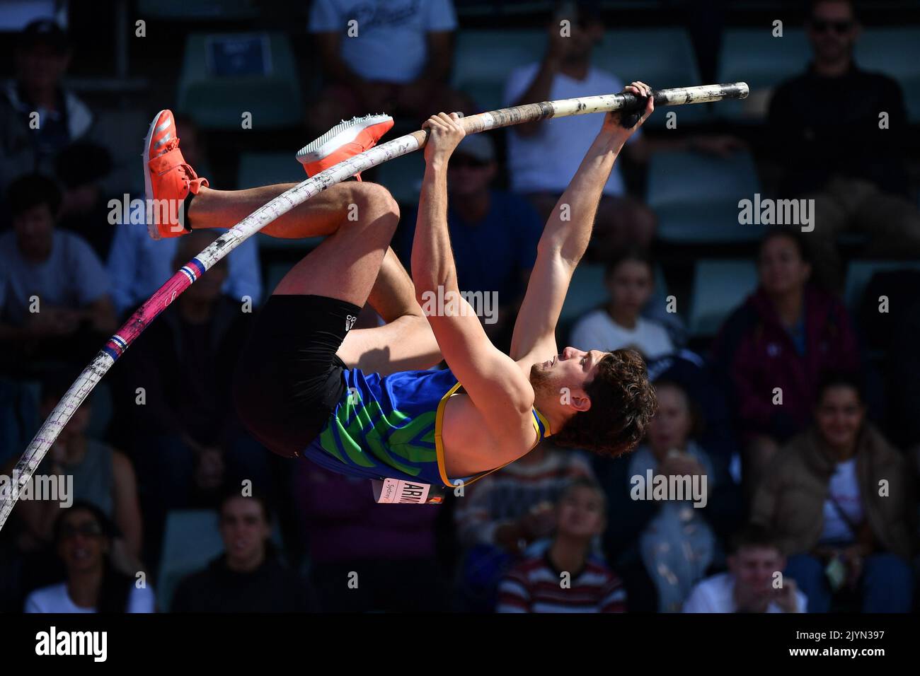 Angus Armstrong in action during the Mens Pole Vault final during the ...
