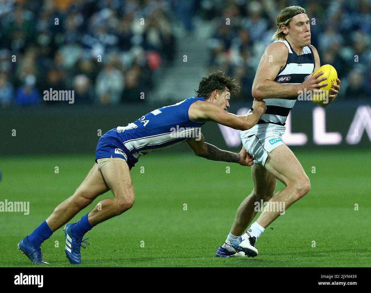 Mark Blicavs of the Cats is tackled during the Round 5 AFL match ...