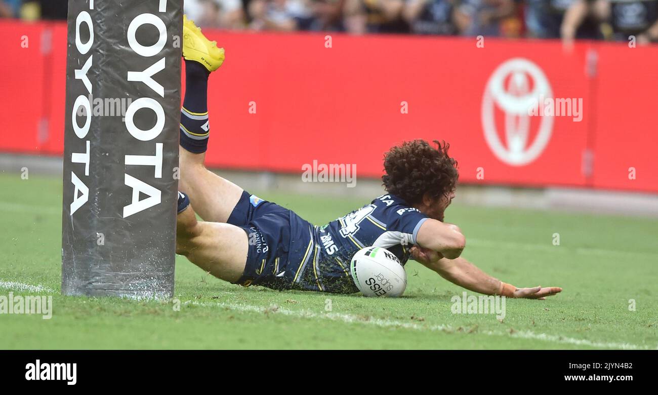 Jake Granville on his way to a try during the Round 6 NRL match between ...