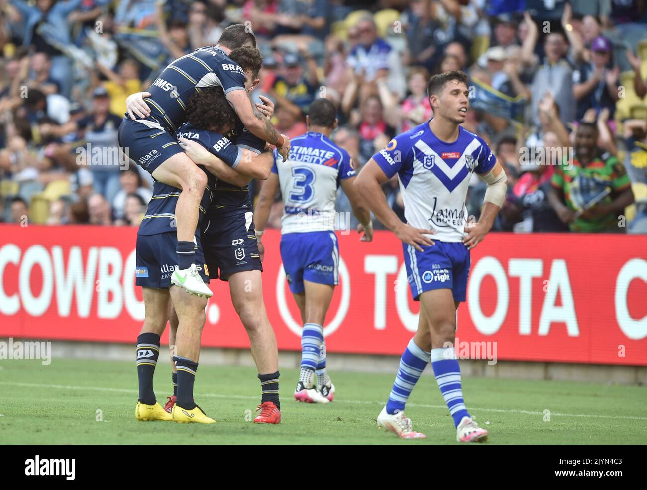 Cowboys celebrate Jake Granville try during the Round 6 NRL match ...