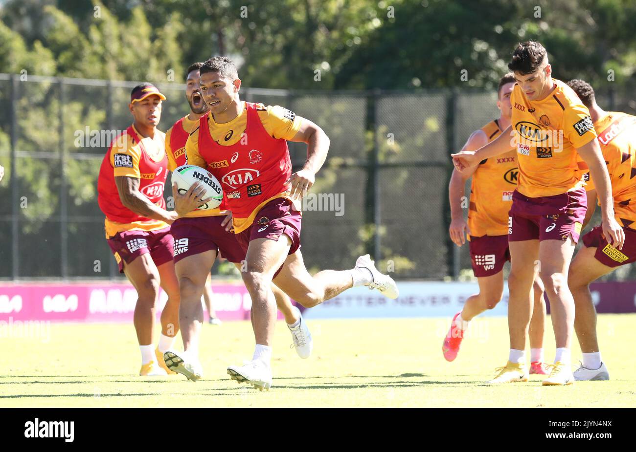 Tom Dearden in action during a Brisbane Broncos NRL training session at ...