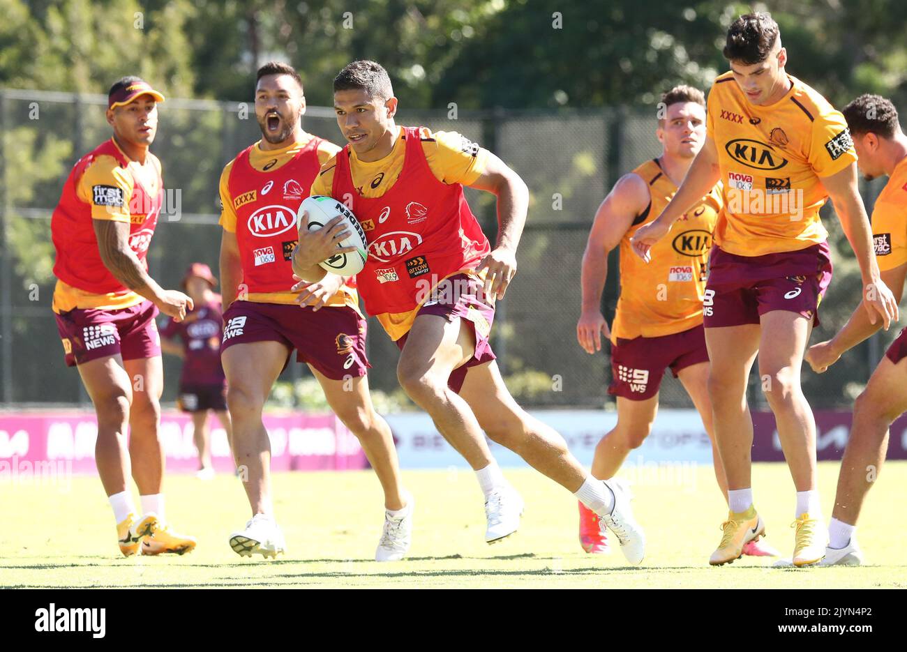 Tom Dearden in action during a Brisbane Broncos NRL training session at ...