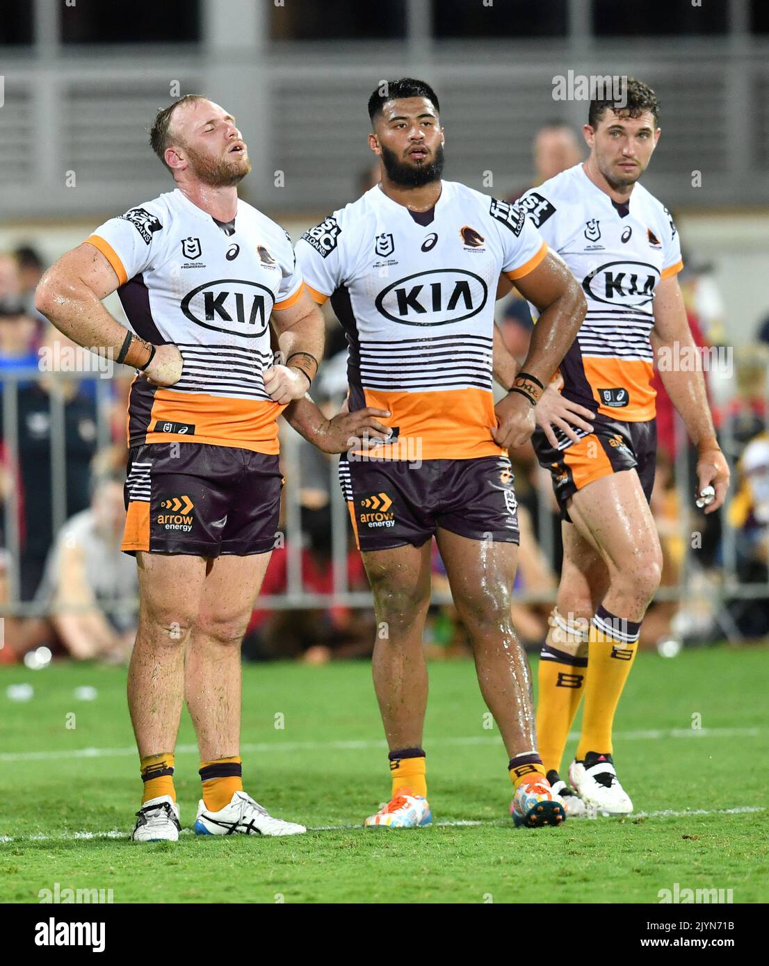 Broncos players Matt Lodge (left), Payne Haas (centre) and Corey Oates ...