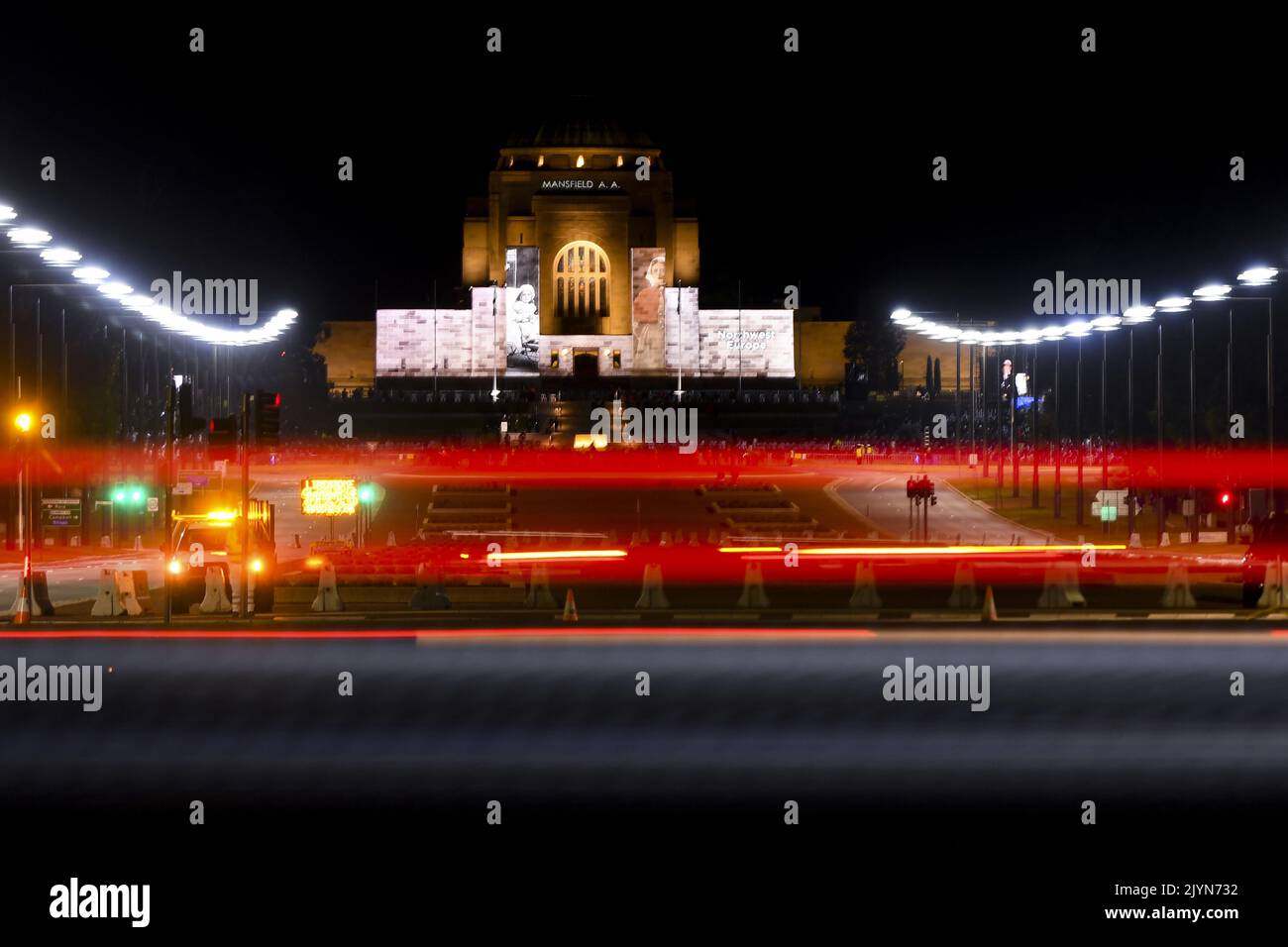 A long exposure image shows the Australian War Memorial during the ...