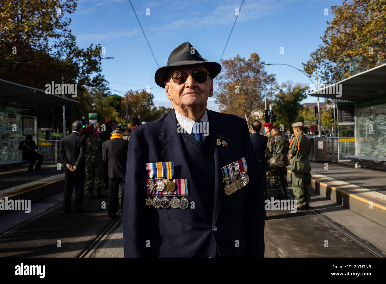 Veteran Ian Donald poses for a photograph during the Anzac Day March in ...