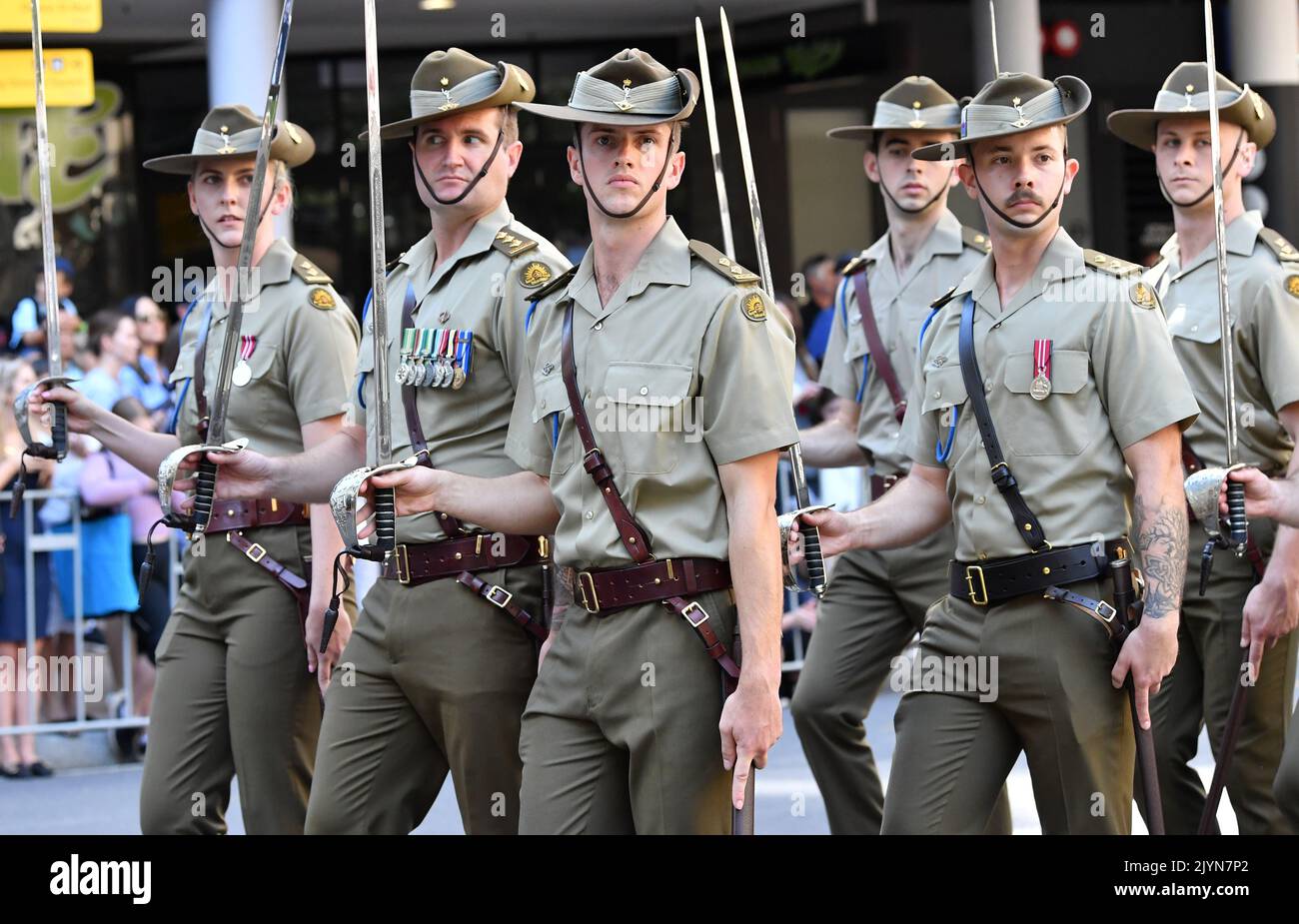 Members of the Australian Army are seen marching during the Anzac Day ...