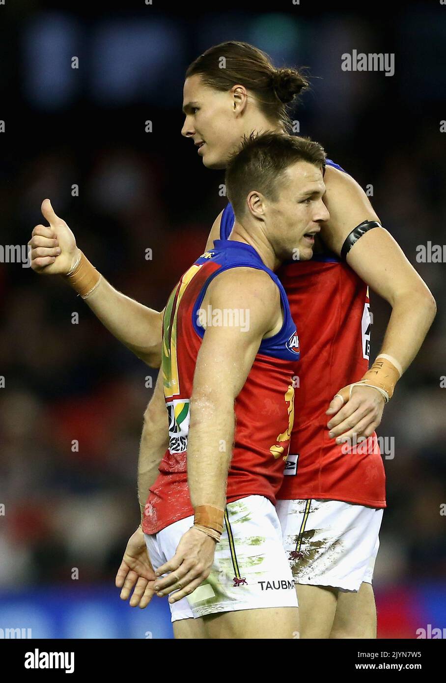 Eric Hipwood of the Lions celebrates a goal during the Round 6 AFL ...