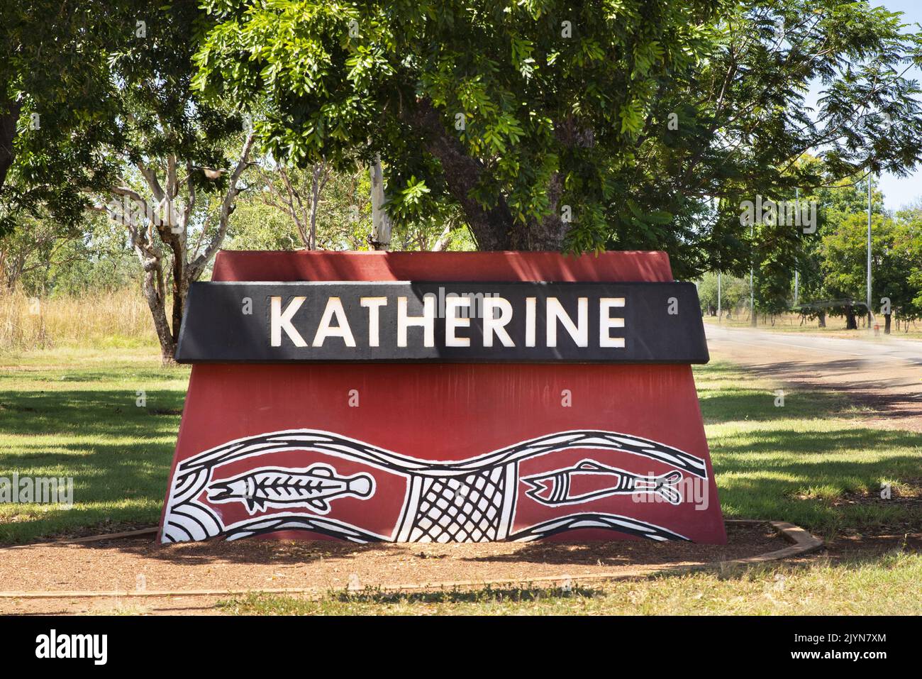 The welcome sign to Katherine, a town located southeast of Darwin ...