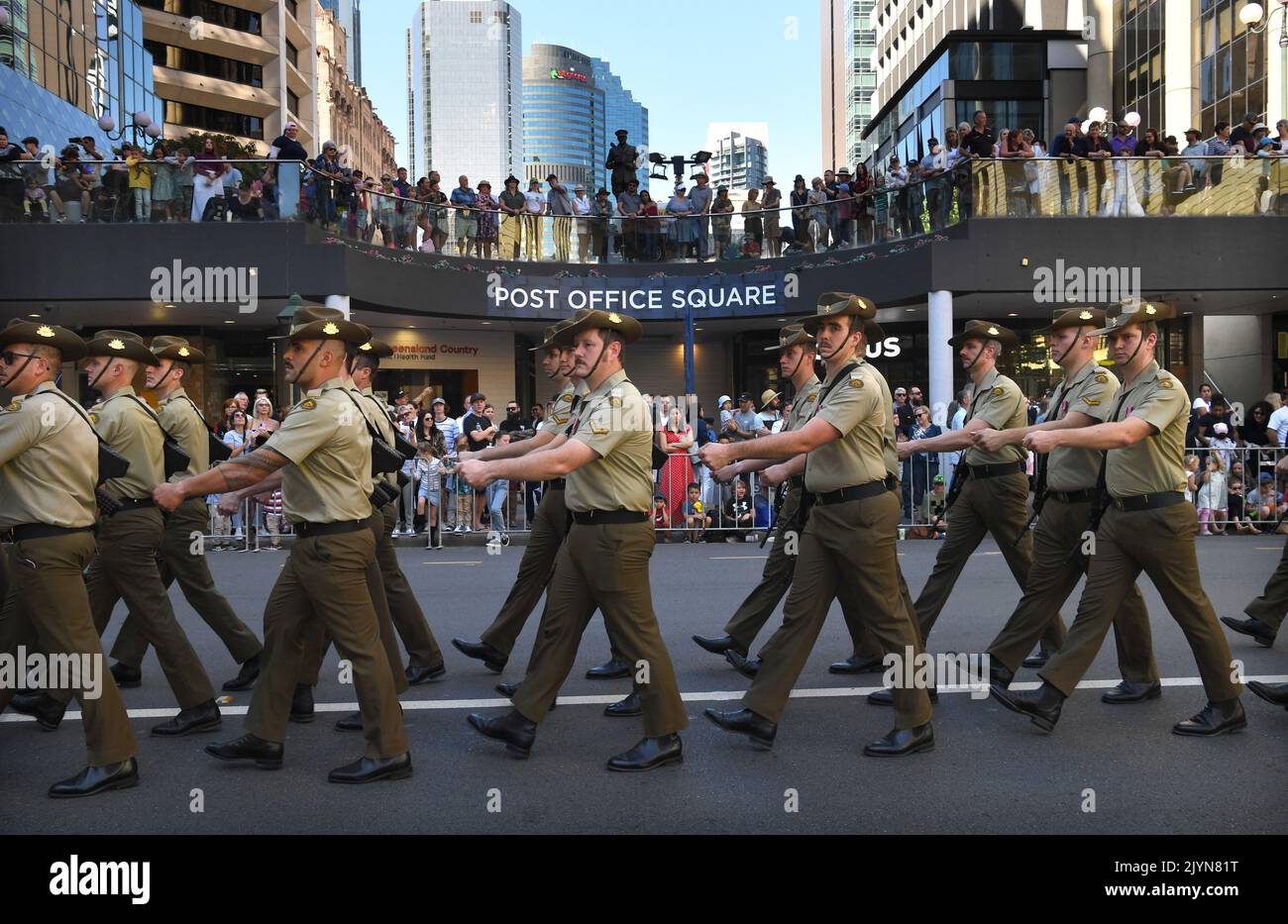 Members of the Australian Army are seen marching during the Anzac Day ...