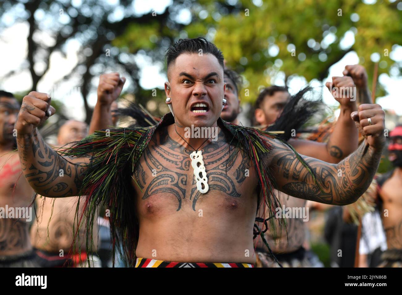 New Zealand Maori perform a haka at an Anzac Day service at Redfern ...