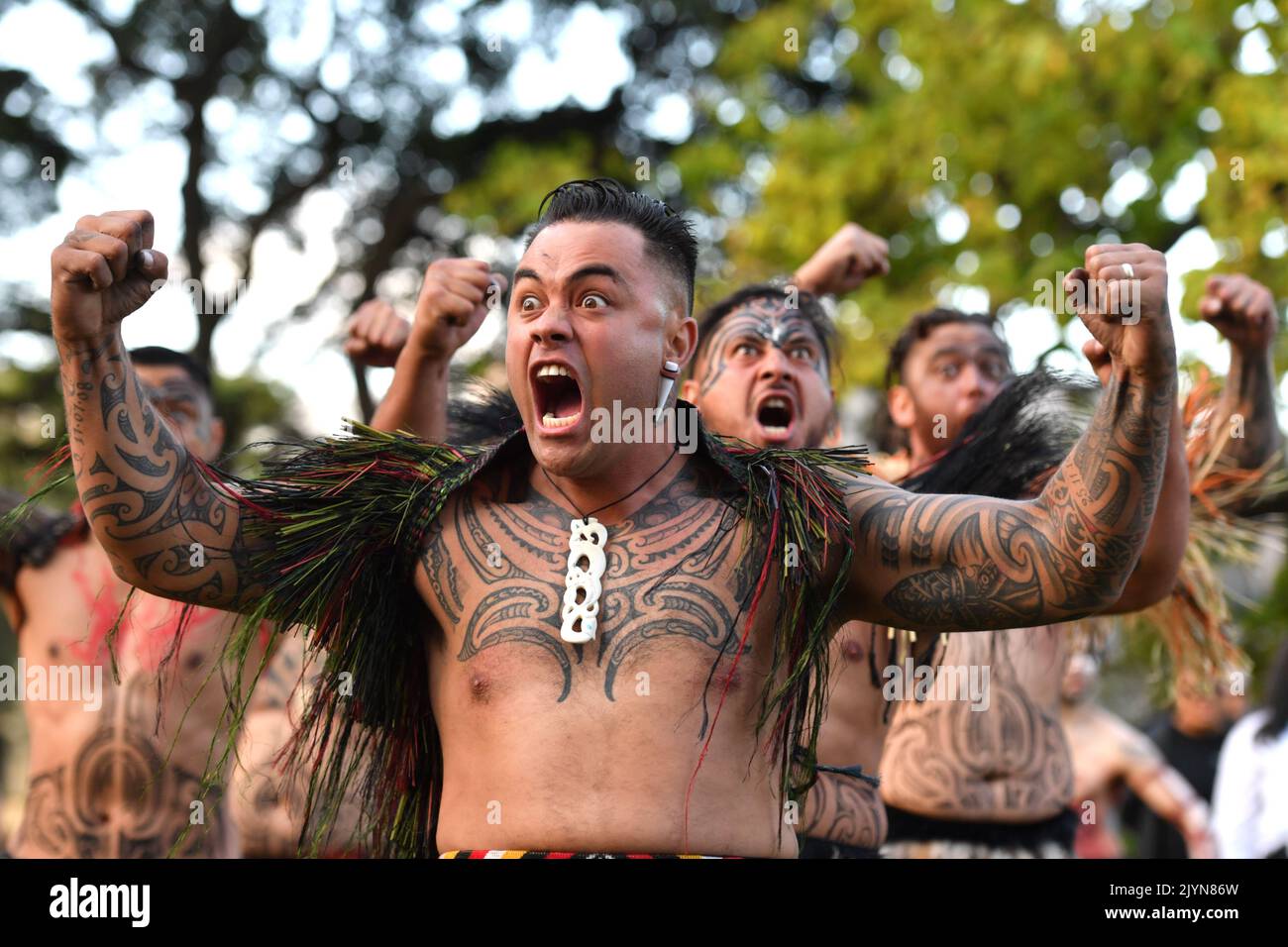 New Zealand Maori perform a haka at an Anzac Day service at Redfern ...
